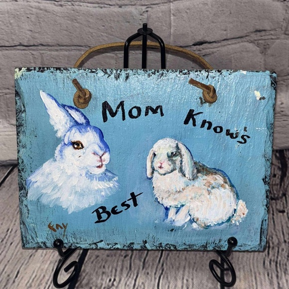 Handmade | Accents | Handpainted Blue And White Slate Rabbit Sign Mom ...